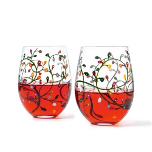 themed lights stemless wine & water glasses - artisanal hand painted ornament light bulbs glasses - xmas tree - set of 2, 17.5oz - santa festive theme stemless glass