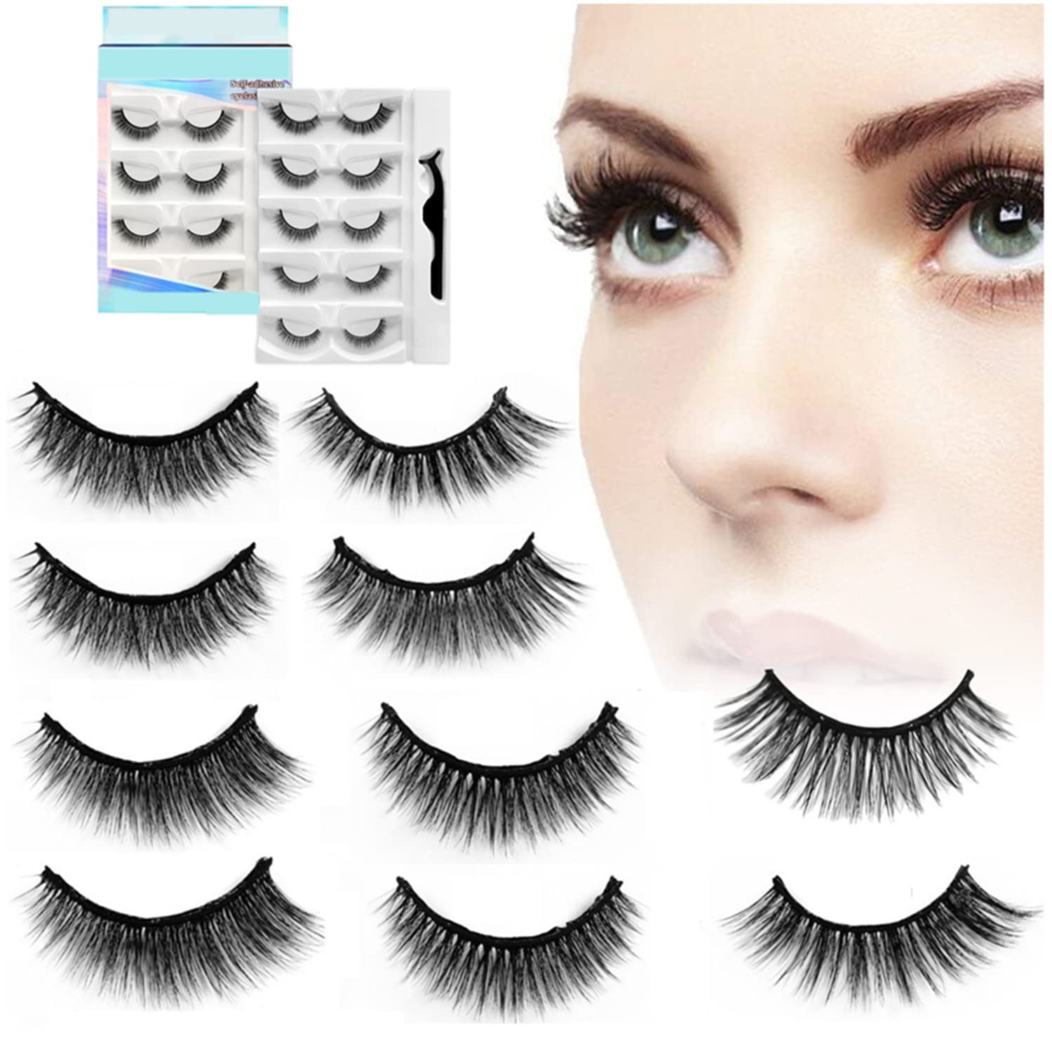 Reusable Self Adhesive Eyelashes No Glue or Eyeliner Needed, Easy To Apply, Stable/Non-slip False Lashes, Natural Look (5 Pairs)