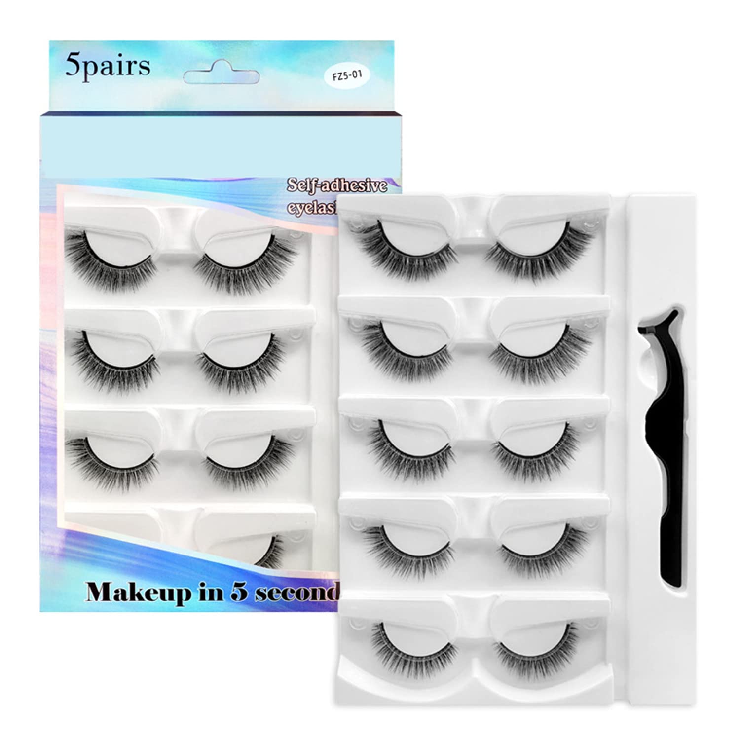 Reusable Self Adhesive Eyelashes No Glue or Eyeliner Needed, Easy To Apply, Stable/Non-slip False Lashes, Natural Look (5 Pairs)