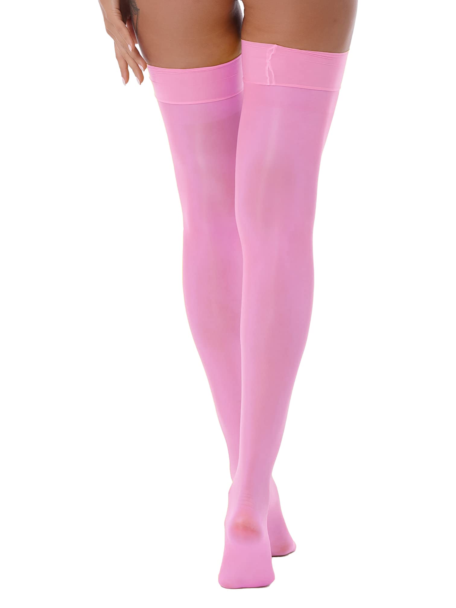 MSemis Woman's Silk Nylon Thigh High Stocking Pantyhose Socks Stay Up Ultra Thin Over The Knee Long Socks Pink One Size