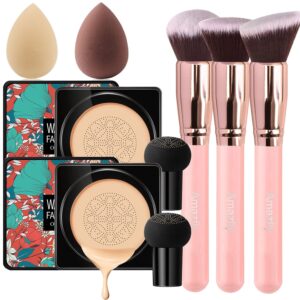 amazfly 2 pcs air cushion cc cream mushroom head foundation, moisturize bb cream makeup long lasting matte concealer bright makeup base with mushroom makeup sponge and powder brush (natural)