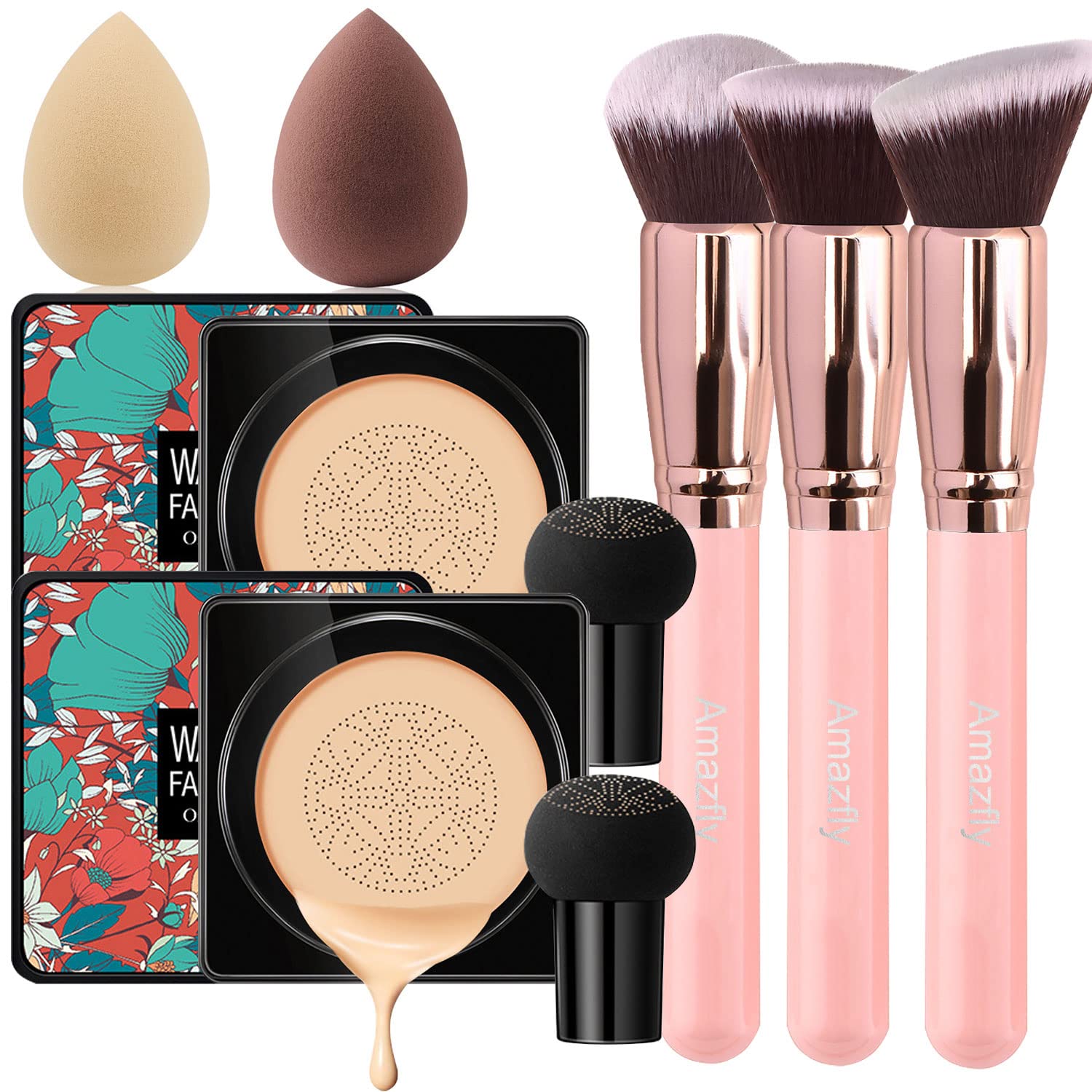 Amazfly 2 PCS Air Cushion CC Cream Mushroom Head Foundation, Moisturize BB Cream Makeup Long Lasting Matte Concealer Bright Makeup Base with Mushroom Makeup Sponge and Powder Brush (Natural)