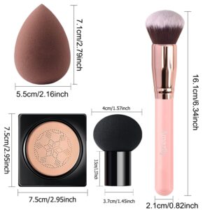 Amazfly 2 PCS Air Cushion CC Cream Mushroom Head Foundation, Moisturize BB Cream Makeup Long Lasting Matte Concealer Bright Makeup Base with Mushroom Makeup Sponge and Powder Brush (Natural)