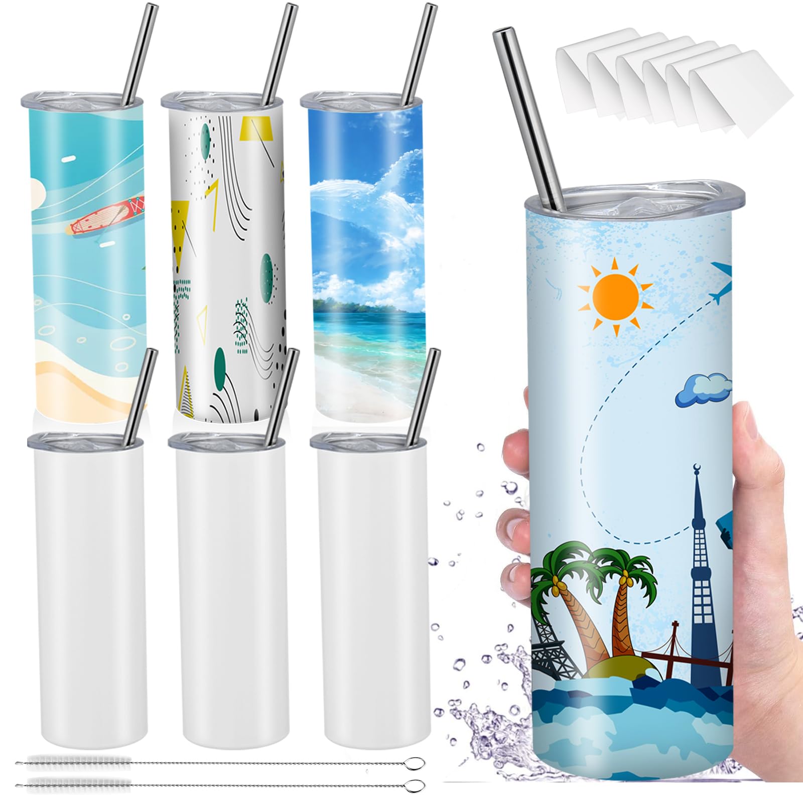 6 Pack Sublimation Tumbler - 20 oz Tumbler with Lid and Straw Insulated Tumbler Skinny Double Wall Tumbler Cups Travel Coffee Mug Stainless Steel Vacuum Mug with Metal Straw,Leak-Proof Lid,Shrink Wrap