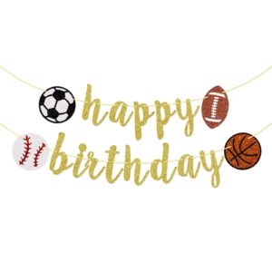 sports happy birthday banner, glitter sports birthday banner, football, baseball, soccer, basketball, multi sports theme birthday decor (gold)