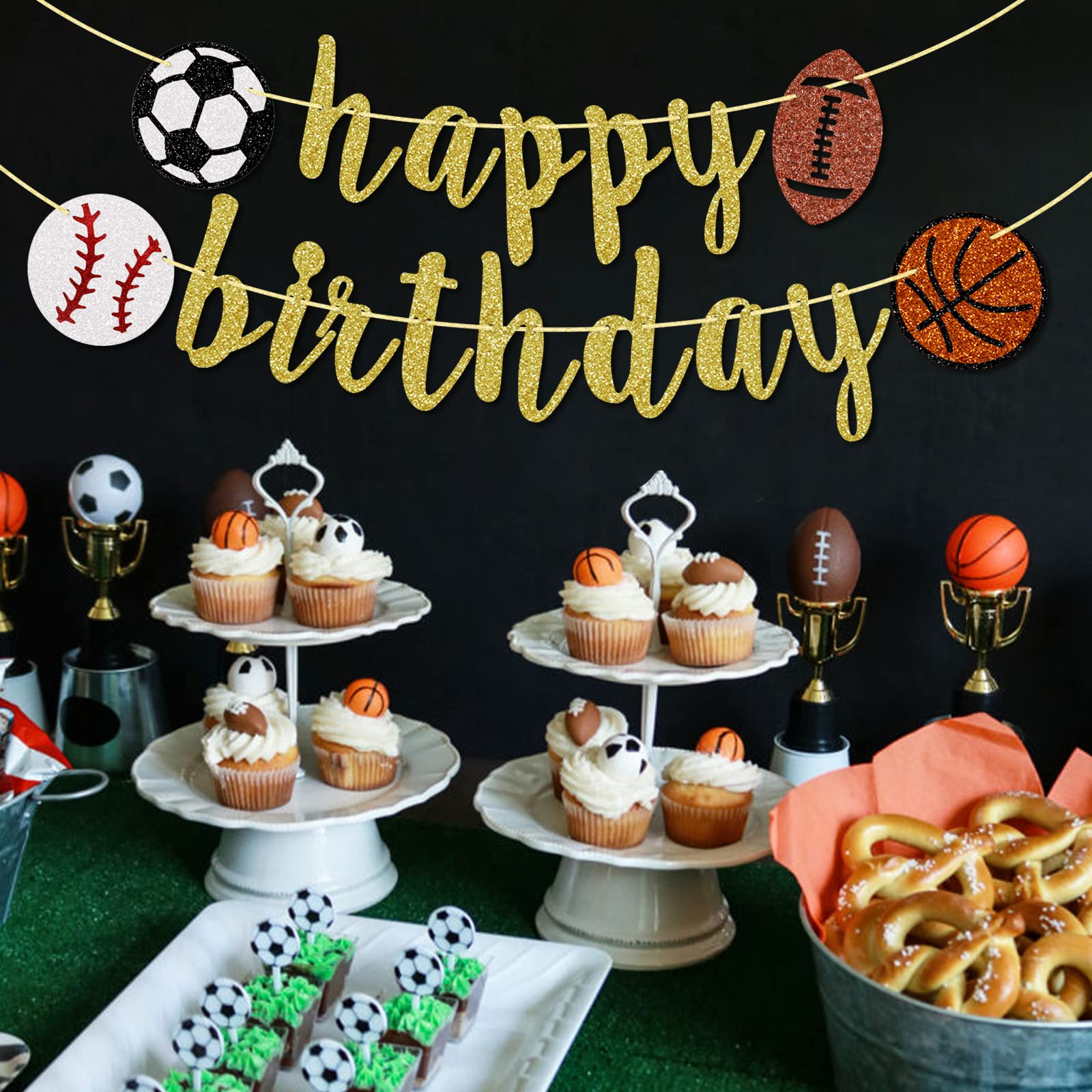 Sports Happy Birthday Banner, Glitter Sports Birthday Banner, Football, Baseball, Soccer, Basketball, Multi Sports Theme Birthday Decor (Gold)