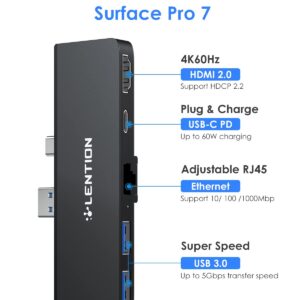 LENTION Surface Pro 7 USB C Hub Docking Station,5-in-1 Microsoft Surface Pro 7 Hub,4K@60Hz USB-C to HDMI Hub,USB C to Gigabit Ethernet Hub,2 USB 3.0 Hub,PD 60W Type C Charging Port Hub(CS35,Black)