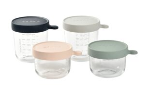 beaba glass baby food container with lid set of 4, glass food storage containers with airtight lid, baby food glass jars, baby essentials, freezer microwave safe, 5 and 8 oz jars, (eucalyptus)