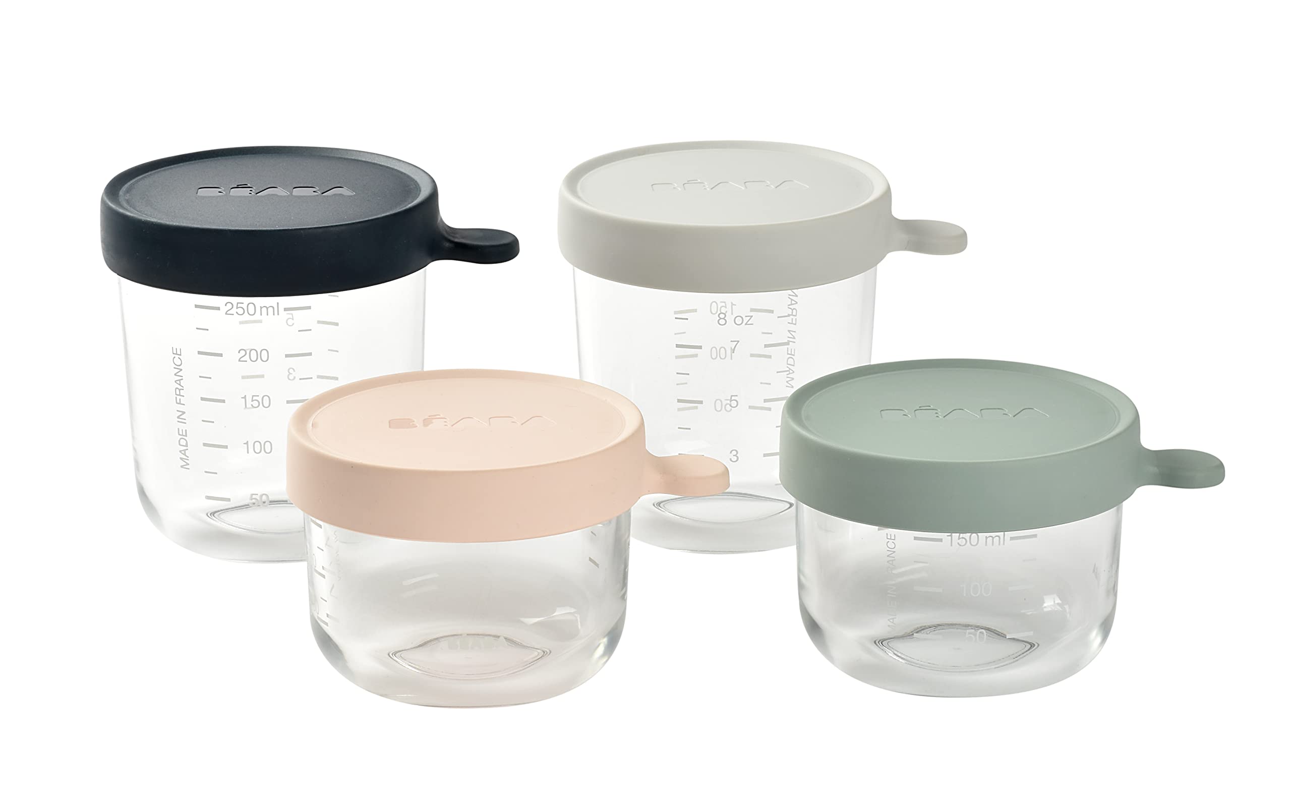 BEABA Glass Baby Food Container with Lid Set of 4, Glass Food Storage Containers with Airtight Lid, Baby Food Glass Jars, Baby Essentials, Freezer Microwave Safe, 5 and 8 oz Jars, (Eucalyptus)