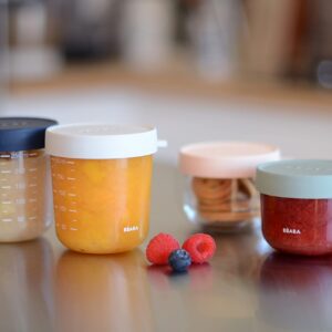 BEABA Glass Baby Food Container with Lid Set of 4, Glass Food Storage Containers with Airtight Lid, Baby Food Glass Jars, Baby Essentials, Freezer Microwave Safe, 5 and 8 oz Jars, (Eucalyptus)