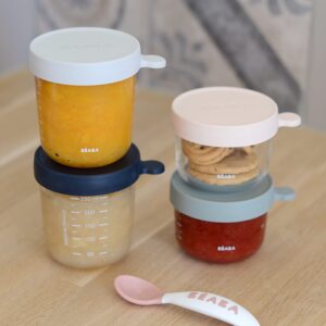 BEABA Glass Baby Food Container with Lid Set of 4, Glass Food Storage Containers with Airtight Lid, Baby Food Glass Jars, Baby Essentials, Freezer Microwave Safe, 5 and 8 oz Jars, (Eucalyptus)