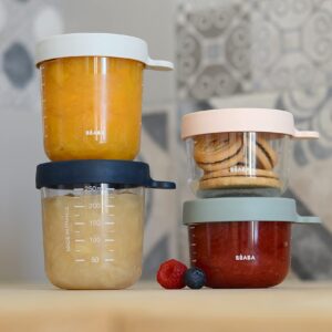 BEABA Glass Baby Food Container with Lid Set of 4, Glass Food Storage Containers with Airtight Lid, Baby Food Glass Jars, Baby Essentials, Freezer Microwave Safe, 5 and 8 oz Jars, (Eucalyptus)