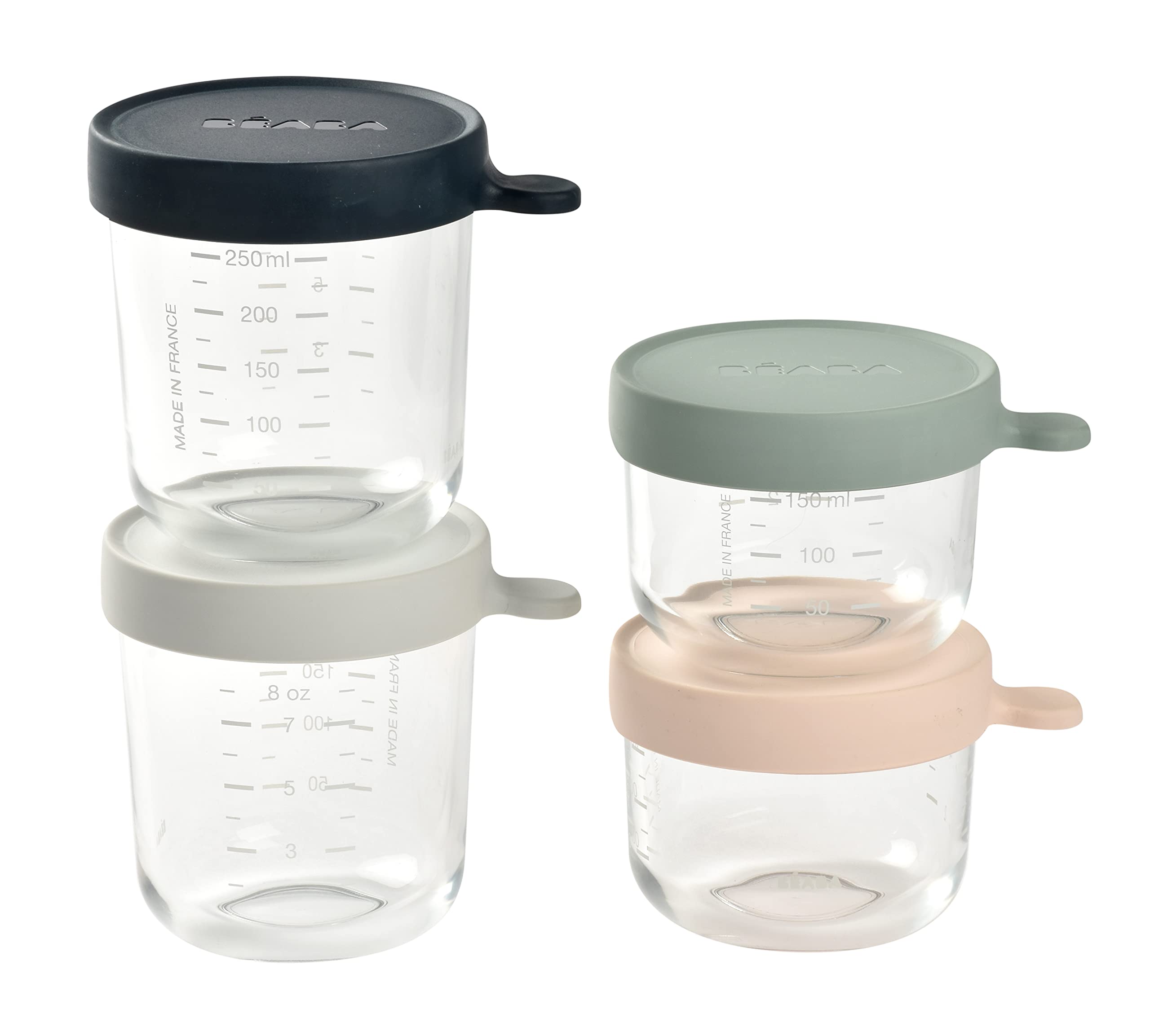 BEABA Glass Baby Food Container with Lid Set of 4, Glass Food Storage Containers with Airtight Lid, Baby Food Glass Jars, Baby Essentials, Freezer Microwave Safe, 5 and 8 oz Jars, (Eucalyptus)