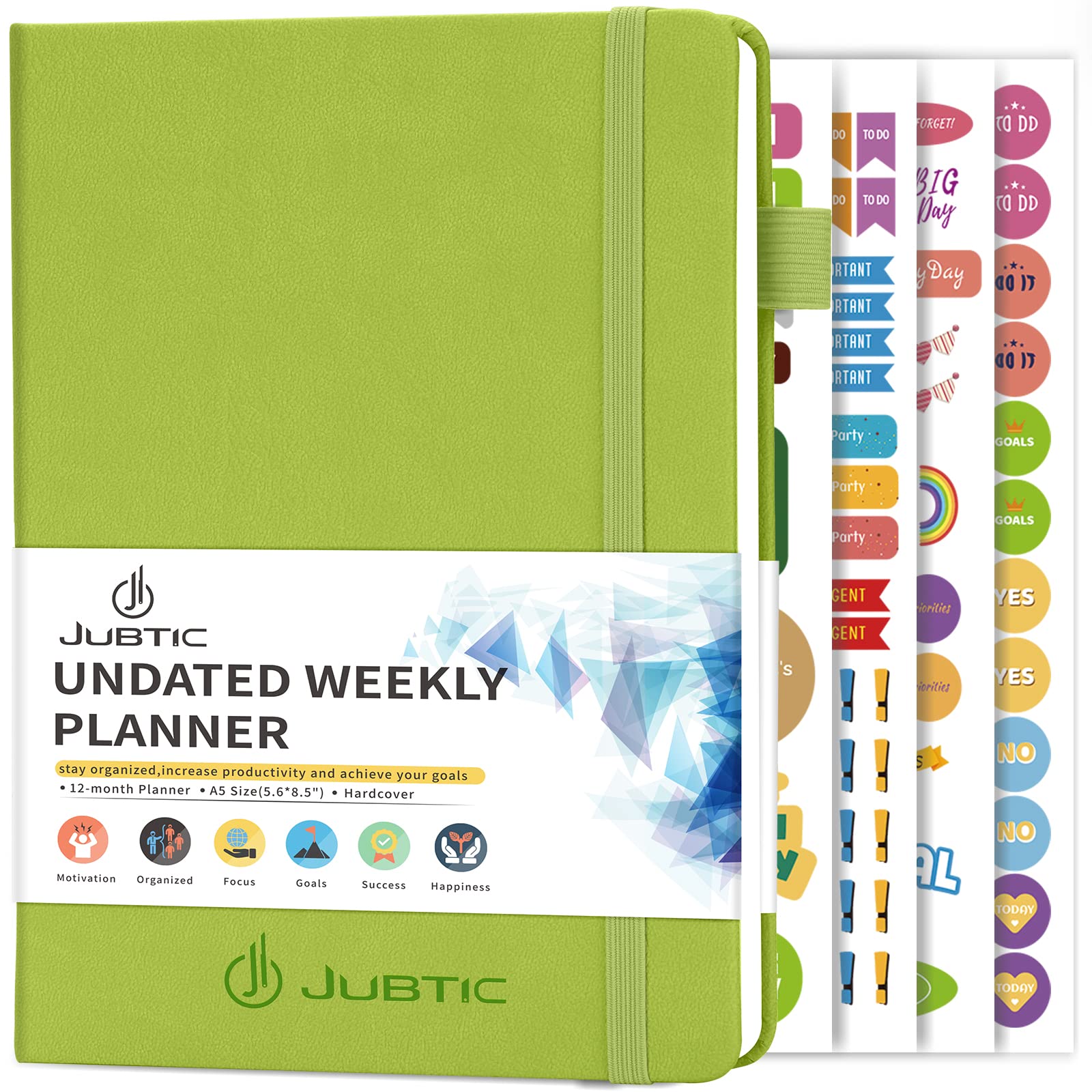 JUBTIC Undated Planner Weekly and Monthly Productivity Daily Planners with Stickers Appointment Book for Time Management 2024-2025 (Light Green)