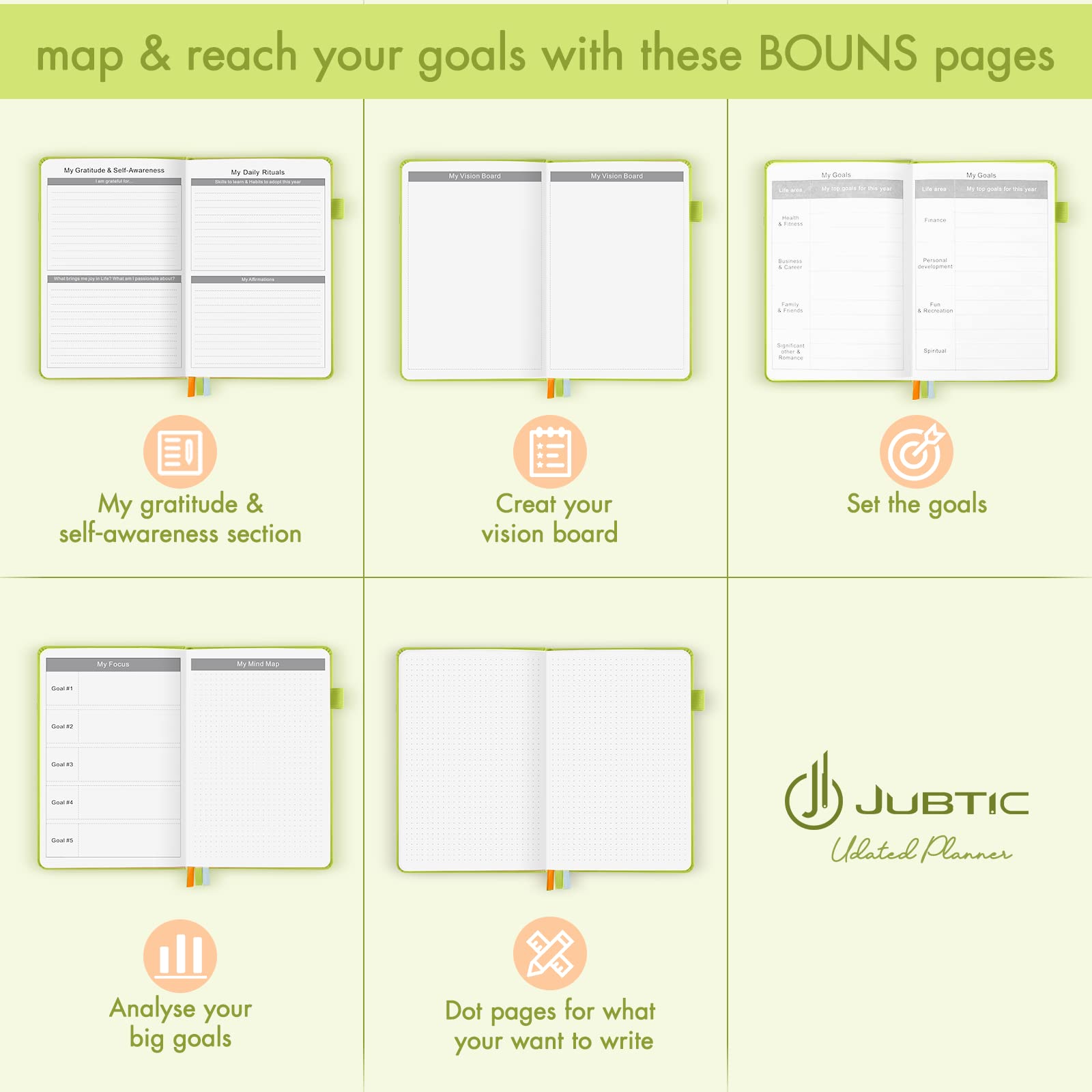 JUBTIC Undated Planner Weekly and Monthly Productivity Daily Planners with Stickers Appointment Book for Time Management 2024-2025 (Light Green)