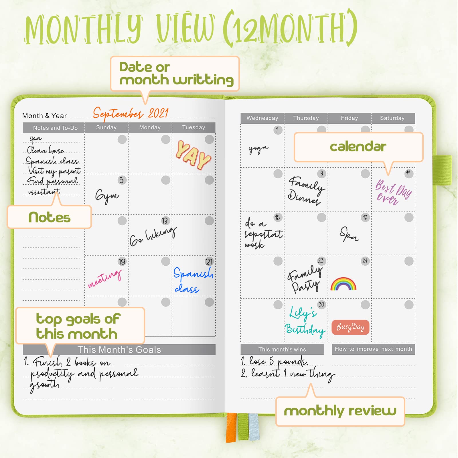 JUBTIC Undated Planner Weekly and Monthly Productivity Daily Planners with Stickers Appointment Book for Time Management 2024-2025 (Light Green)