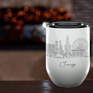 Chicago Illinois Gifts and Souvenirs - 12 Oz Insulated Wine Tumbler with Lid - Chicago College Graduation Gifts - Unique Drinkware - USA Long Distance Gifts for Her