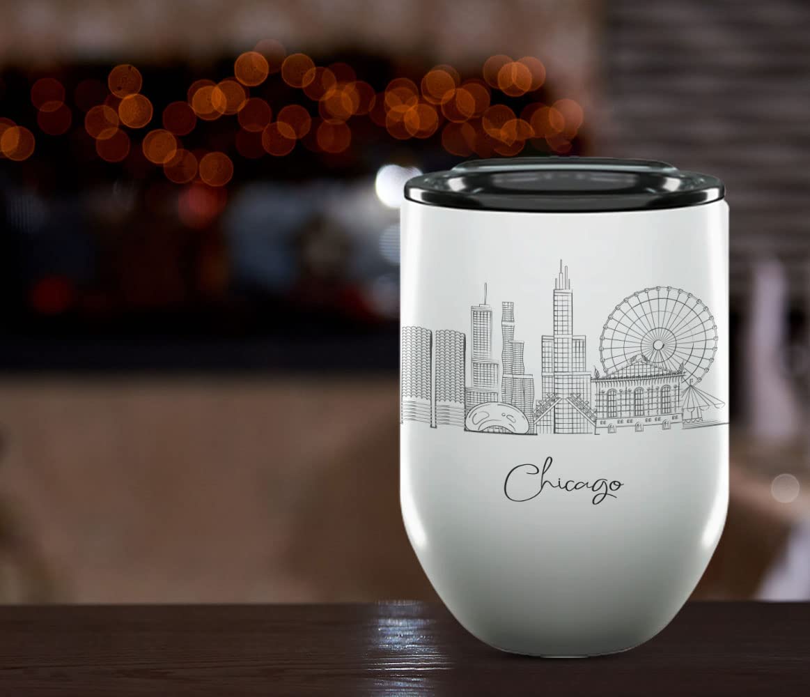 Chicago Illinois Gifts and Souvenirs - 12 Oz Insulated Wine Tumbler with Lid - Chicago College Graduation Gifts - Unique Drinkware - USA Long Distance Gifts for Her