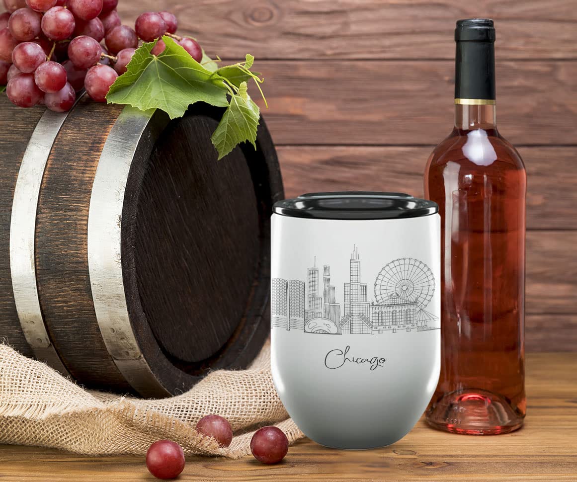 Chicago Illinois Gifts and Souvenirs - 12 Oz Insulated Wine Tumbler with Lid - Chicago College Graduation Gifts - Unique Drinkware - USA Long Distance Gifts for Her