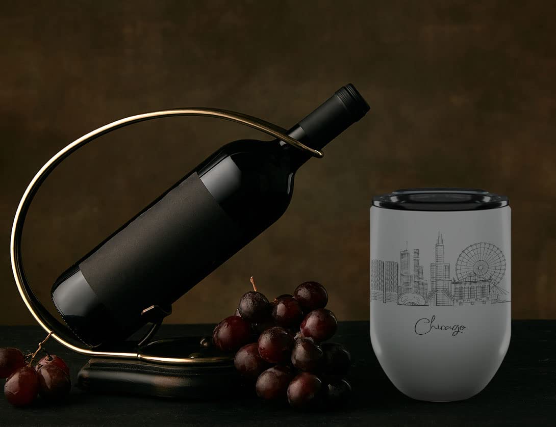 Chicago Illinois Gifts and Souvenirs - 12 Oz Insulated Wine Tumbler with Lid - Chicago College Graduation Gifts - Unique Drinkware - USA Long Distance Gifts for Her