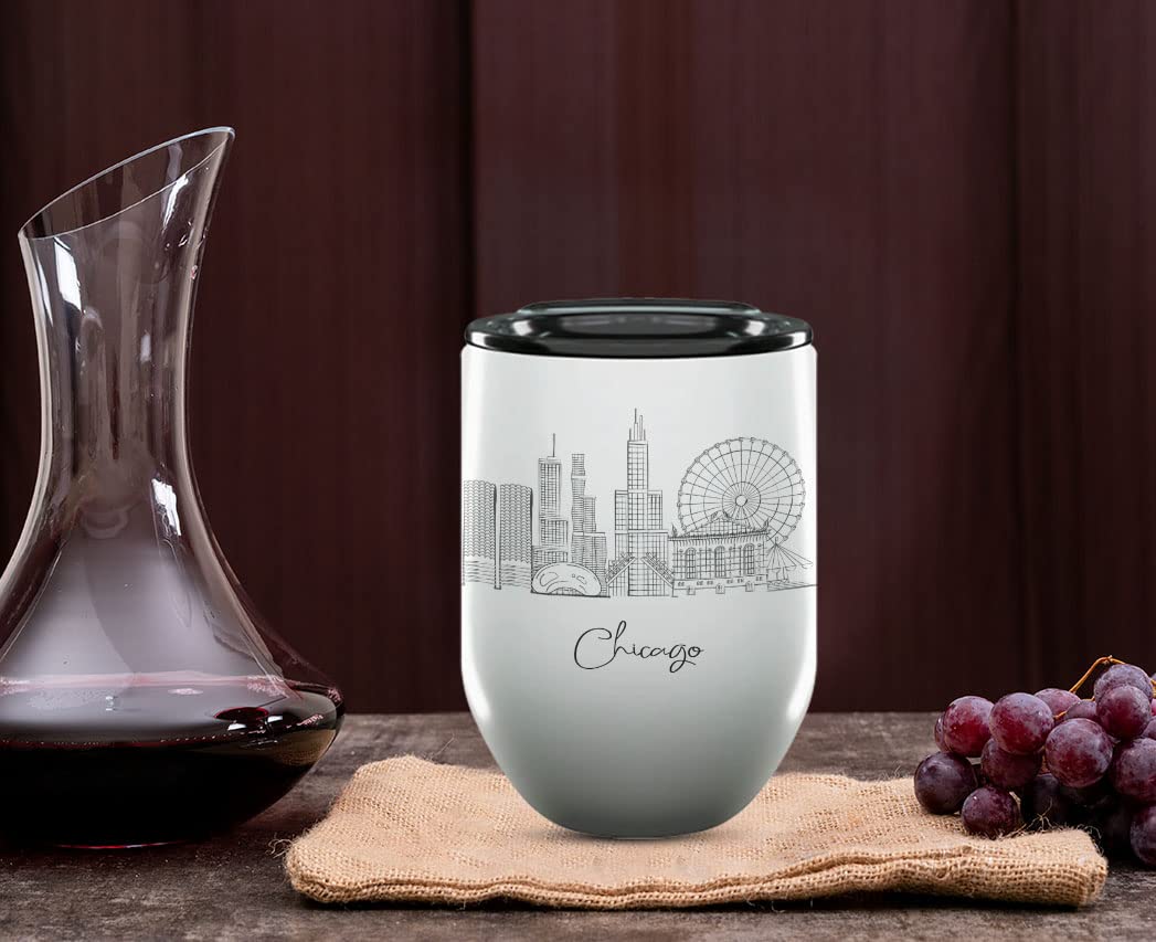 Chicago Illinois Gifts and Souvenirs - 12 Oz Insulated Wine Tumbler with Lid - Chicago College Graduation Gifts - Unique Drinkware - USA Long Distance Gifts for Her