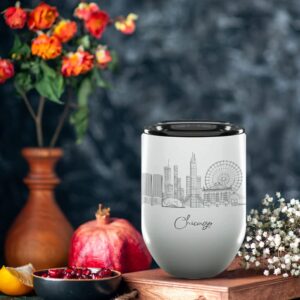 Chicago Illinois Gifts and Souvenirs - 12 Oz Insulated Wine Tumbler with Lid - Chicago College Graduation Gifts - Unique Drinkware - USA Long Distance Gifts for Her