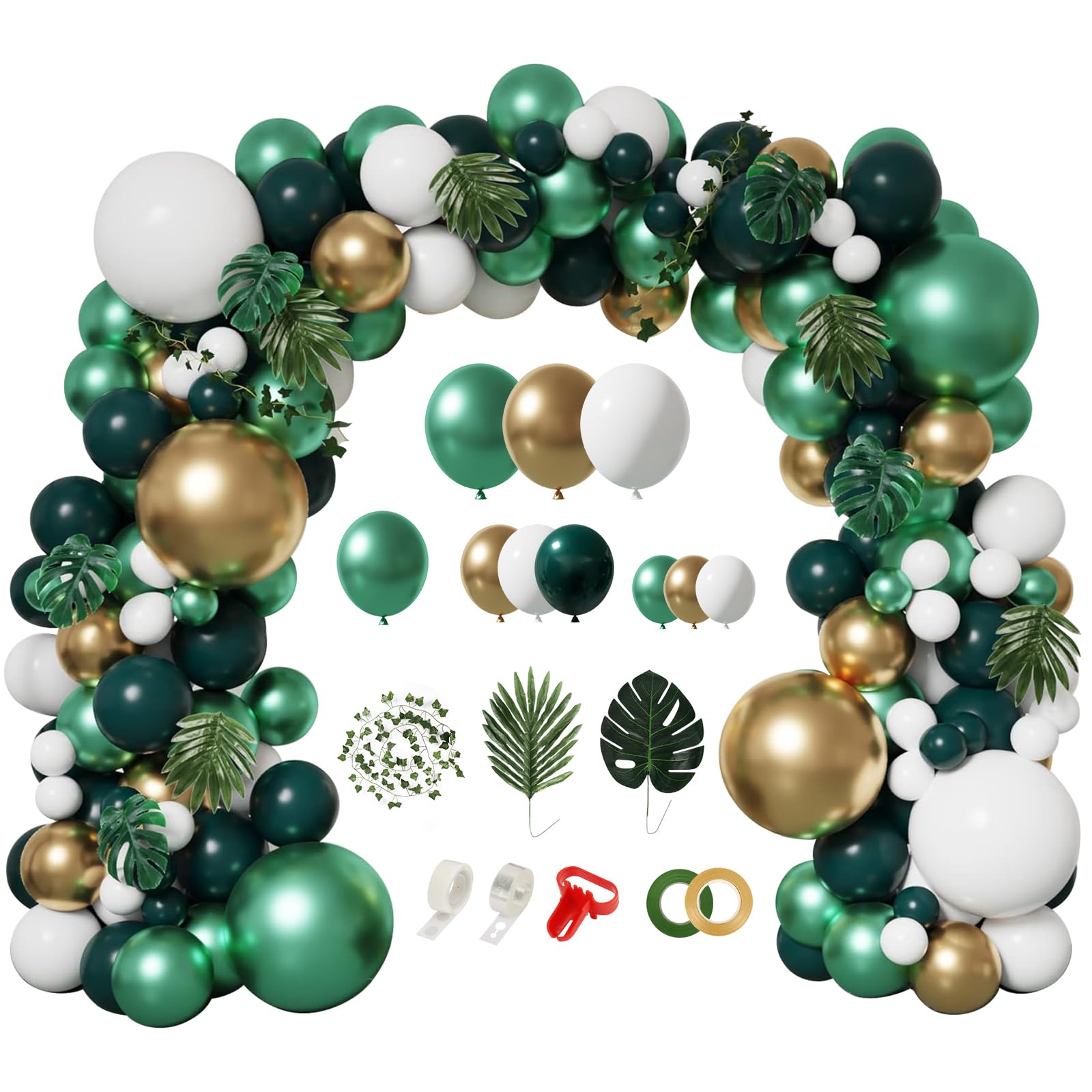 HOLICOLOR 143pcs Jungle Safari Balloons Garland Kit, Metallic Green Gold Balloon Arch Kit Double-layers Emerald Balloons with Palm Leaves, Dinosaur Party Decoration, Baby Shower Kids Birthday Party