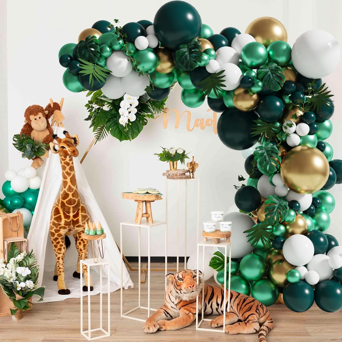 HOLICOLOR 143pcs Jungle Safari Balloons Garland Kit, Metallic Green Gold Balloon Arch Kit Double-layers Emerald Balloons with Palm Leaves, Dinosaur Party Decoration, Baby Shower Kids Birthday Party