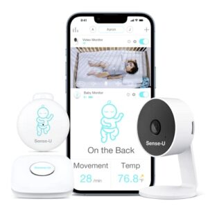 sense-u smart baby monitor 3 long range+camera(fsa/hsa approved) - tracks abdominal movement, rollover, temperature, video, audio, motion, cry, with real-time alerts(green)