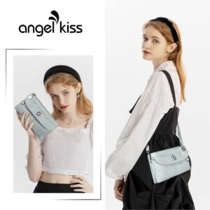 Angel Kiss Women's leather Wristlet Clutch Wallet Double Corner Zip Small Crossbody Bag with Removable Wrist Strap