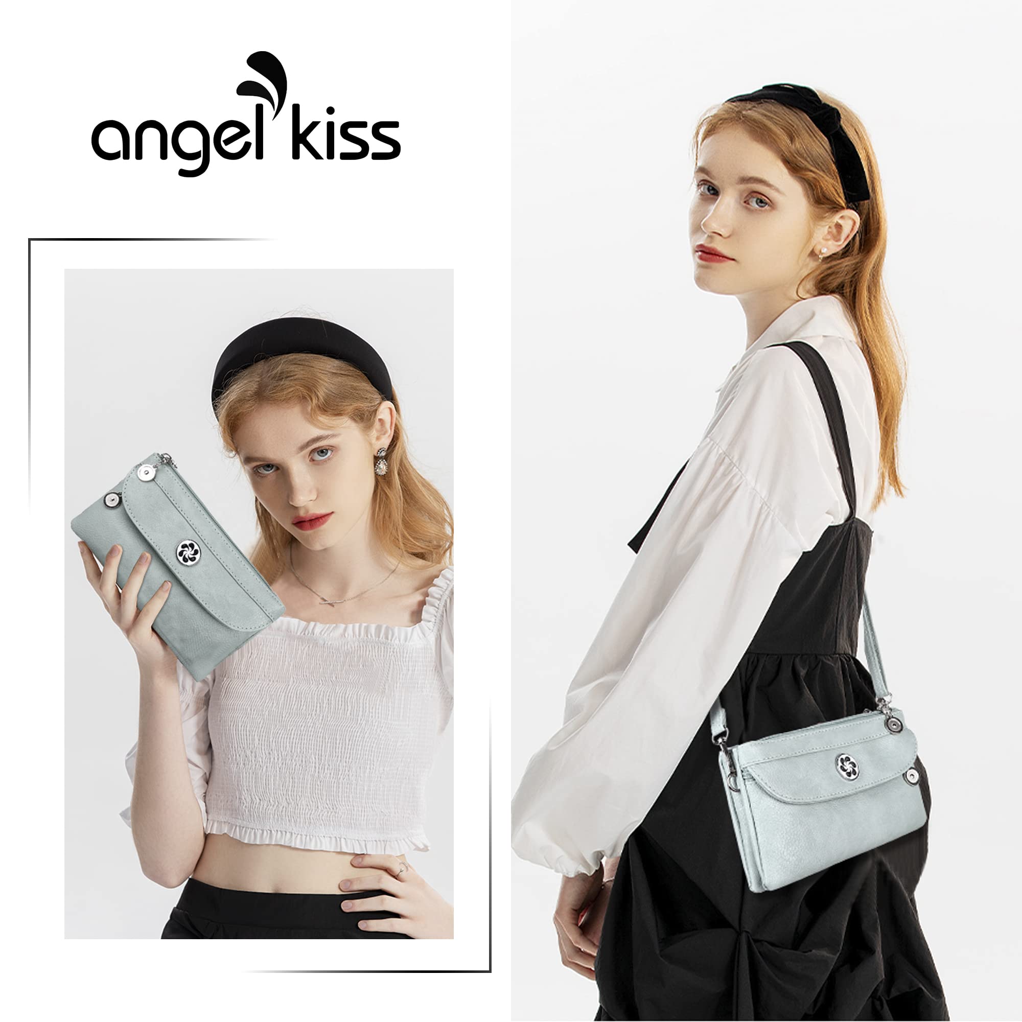 Angel Kiss Women's leather Wristlet Clutch Wallet Double Corner Zip Small Crossbody Bag with Removable Wrist Strap