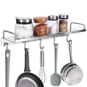 wstechco spices holder 16 inch, kitchen cookware organizer hanger, pots pans hanging rack 5 hooks, 304 stainless steel wall mount organization shelf for jars bottles dish utensils storage