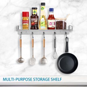 WSTECHCO Spices Holder 16 Inch, Kitchen Cookware Organizer Hanger, Pots Pans Hanging Rack 5 Hooks, 304 Stainless Steel Wall Mount Organization Shelf for Jars Bottles Dish Utensils Storage