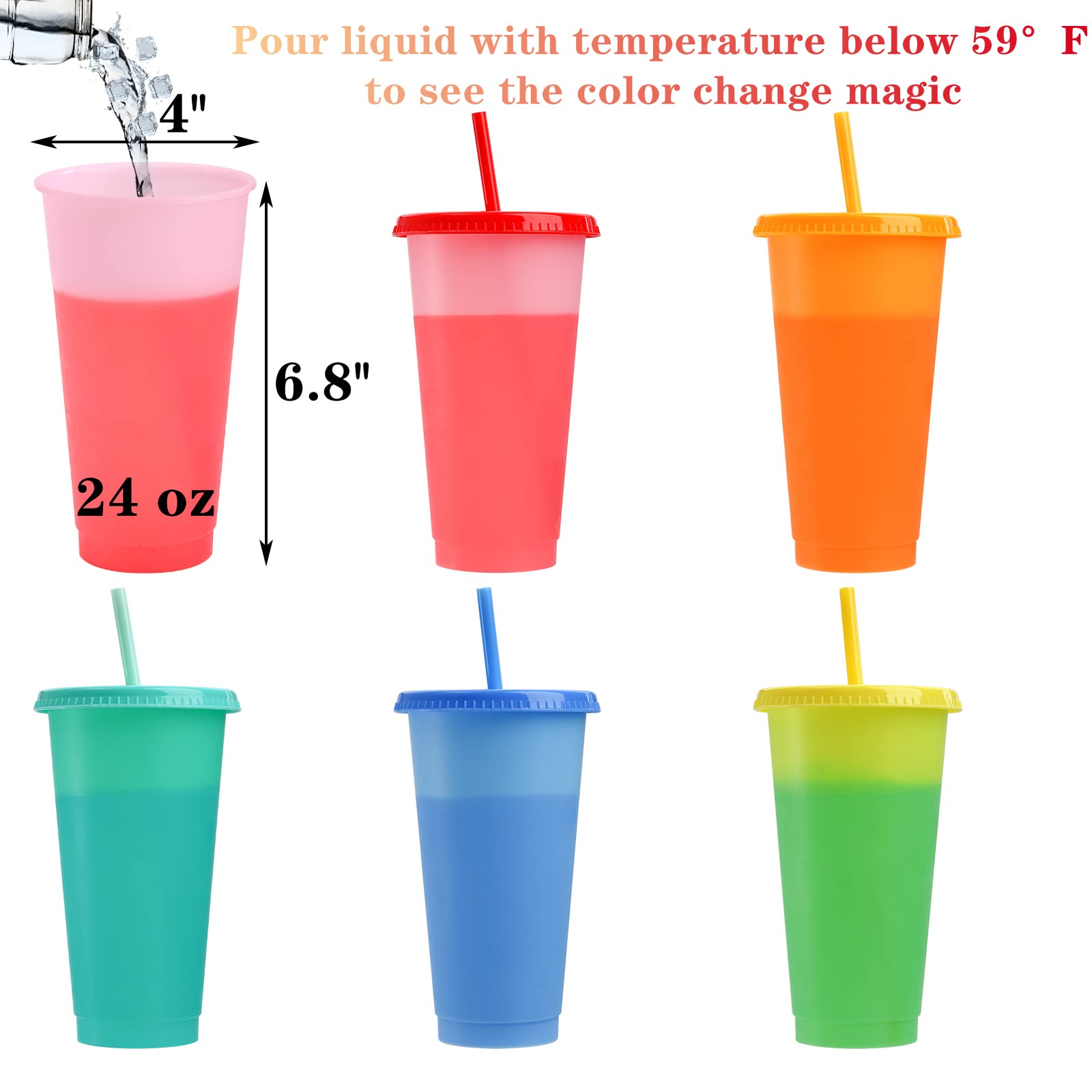 Lyellfe 10 Pack Color Changing Cups, 24 oz Reusable Tumblers with Lids and Straws, Plastic Cold Drink Summer Cups in Multicolors, Ideal for Adults Kids Women Party