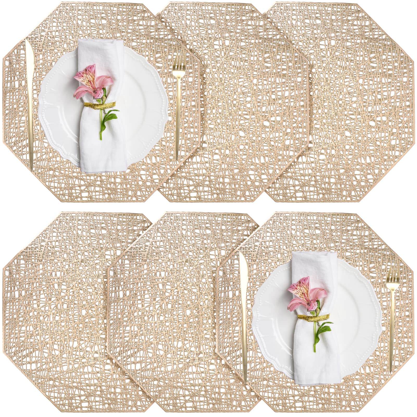 FYY Placemats, Placemats Set of 6 for Dining Table, Washable Octagonal PVC Place Mats Durable Kitchen Table Mats, Set of 6 Gold