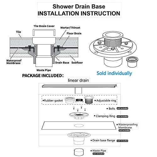 24 inch Linear Shower Drain with Removable Square Hole Panel by Using Brushed 304 Stainless Steel Process, Linear Drain Equipped with Adjustable Feet and Hair Strainer