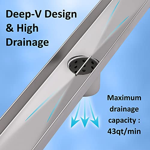 24 inch Linear Shower Drain with Removable Square Hole Panel by Using Brushed 304 Stainless Steel Process, Linear Drain Equipped with Adjustable Feet and Hair Strainer