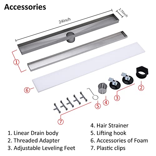 24 inch Linear Shower Drain with Removable Square Hole Panel by Using Brushed 304 Stainless Steel Process, Linear Drain Equipped with Adjustable Feet and Hair Strainer