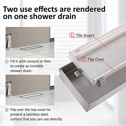 24 inch Linear Shower Drain with Removable Square Hole Panel by Using Brushed 304 Stainless Steel Process, Linear Drain Equipped with Adjustable Feet and Hair Strainer