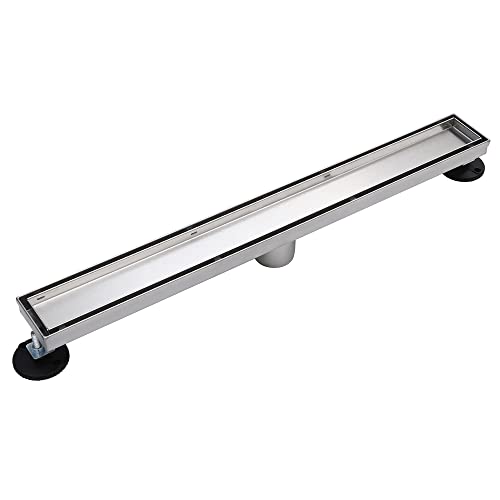 24 inch Linear Shower Drain with Removable Square Hole Panel by Using Brushed 304 Stainless Steel Process, Linear Drain Equipped with Adjustable Feet and Hair Strainer