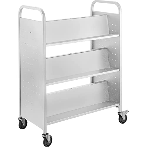 VEVOR Book Cart, 200LBS Library Cart, 49.2''x35.4''x18.9'' Rolling Book Cart, Double Sided W-Shaped Sloped Shelves with Lockable Wheels for Home Shelves Office School Book Truck White