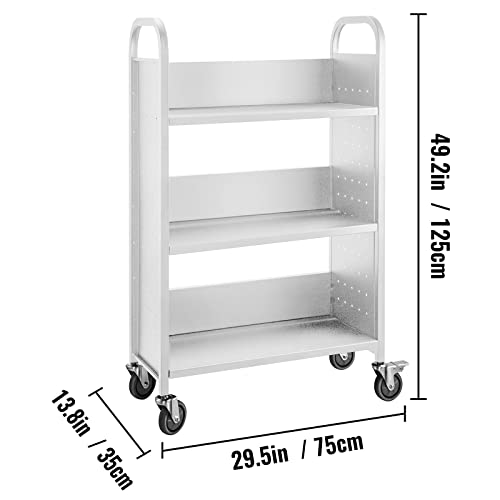 VEVOR Book Cart, 200LBS Library Cart, 49.2''x35.4''x18.9'' Rolling Book Cart, Double Sided W-Shaped Sloped Shelves with Lockable Wheels for Home Shelves Office School Book Truck White