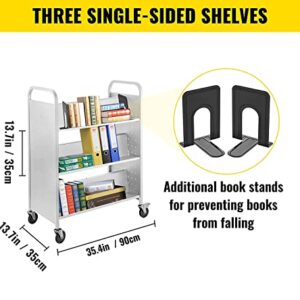 VEVOR Book Cart, 200LBS Library Cart, 49.2''x35.4''x18.9'' Rolling Book Cart, Double Sided W-Shaped Sloped Shelves with Lockable Wheels for Home Shelves Office School Book Truck White