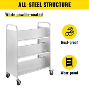 VEVOR Book Cart, 200LBS Library Cart, 49.2''x35.4''x18.9'' Rolling Book Cart, Double Sided W-Shaped Sloped Shelves with Lockable Wheels for Home Shelves Office School Book Truck White