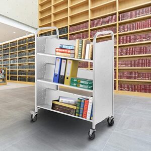 VEVOR Book Cart, 200LBS Library Cart, 49.2''x35.4''x18.9'' Rolling Book Cart, Double Sided W-Shaped Sloped Shelves with Lockable Wheels for Home Shelves Office School Book Truck White