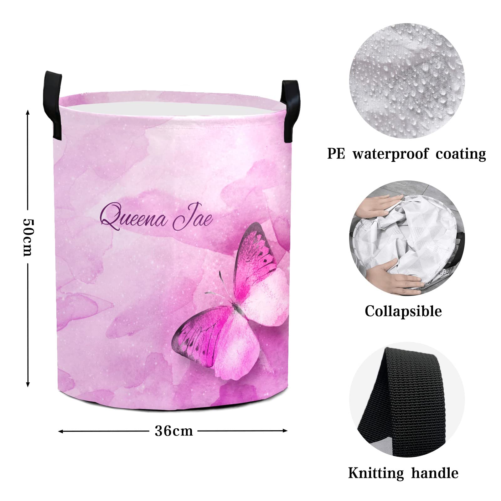 Pink Butterfly Storage Bin, Waterproof Oxford Fabric Clothes Basket Organizer for Laundry Hamper,Toy Bins,Gift Baskets, Bedroom, Clothes,Baby Nursery