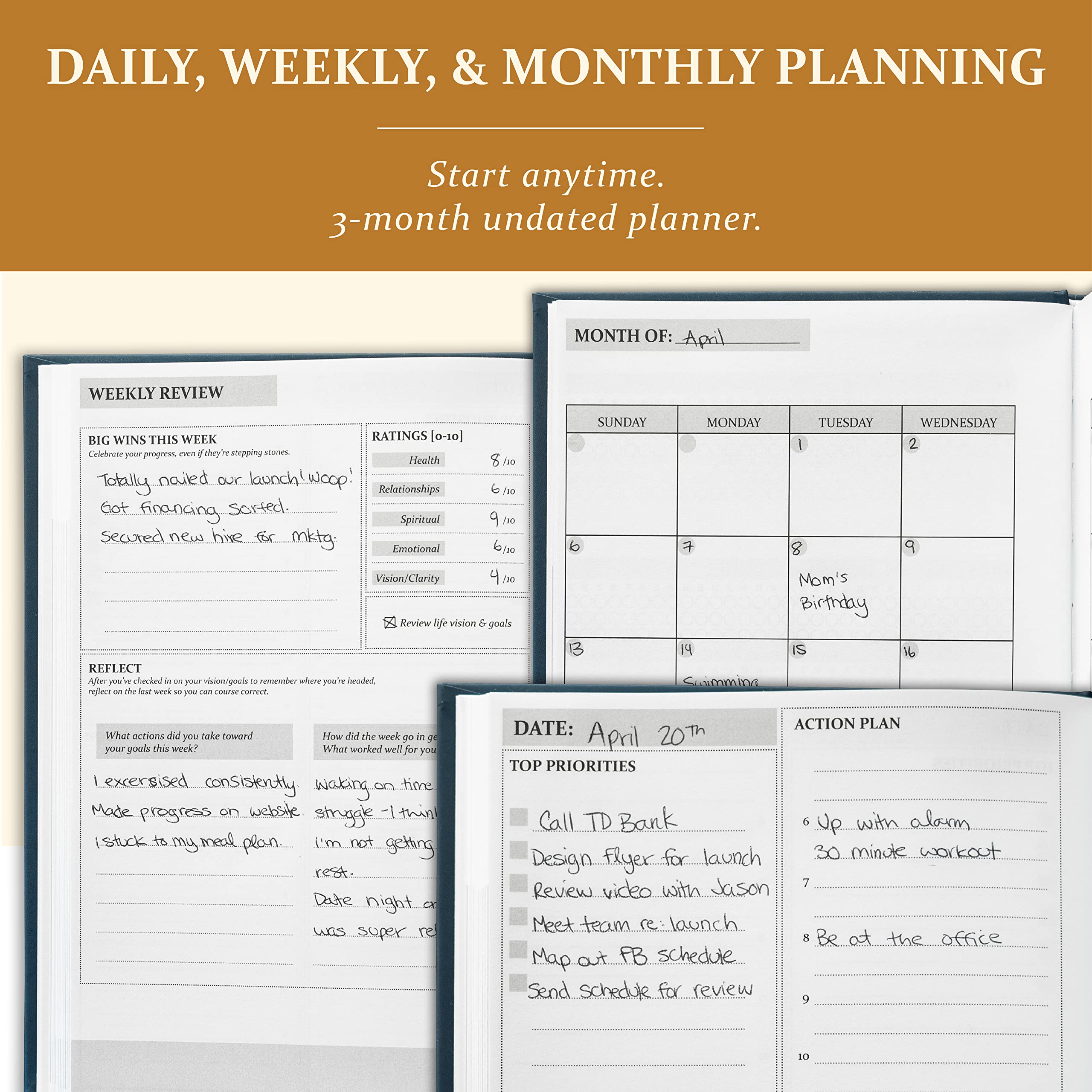 Kinthrive Daily Productivity Planner Journal with 90-Day Undated Format - Organize Business & Personal Goals - Habit Tracker with Monthly Calendar, Performance Assessment