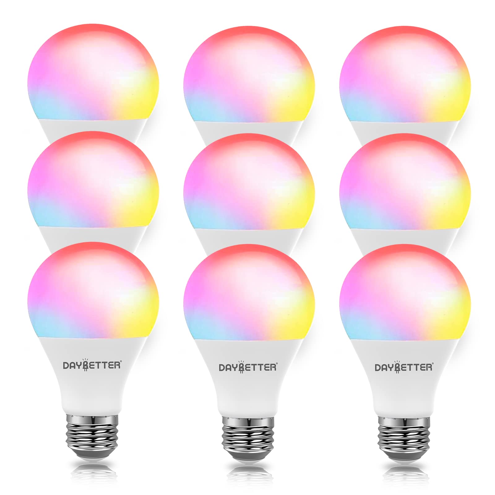 DAYBETTER Smart Bulbs, Dimmable WiFi Color Changing Light That Work with Alexa & Google Home, Music Sync, A19/E26, 9W, 800 Lumens, 2.4Ghz only, No Hub Required, 9 Pack