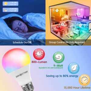 DAYBETTER Smart Bulbs, Dimmable WiFi Color Changing Light That Work with Alexa & Google Home, Music Sync, A19/E26, 9W, 800 Lumens, 2.4Ghz only, No Hub Required, 9 Pack