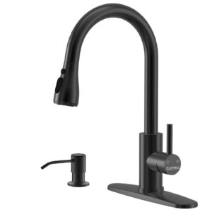 matte black kitchen faucet with pull down sprayer and soap dispenser, dayone single handle high arc stainless steel kitchen faucet tap, with escutcheon & 3 functions, day-aps257mb